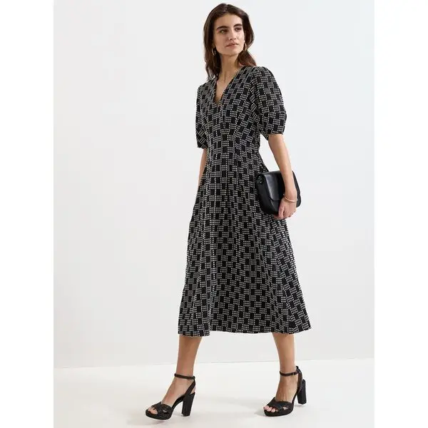 PHASE EIGHT Yasmine V-neck Printed A-line Dress - Black/ivory