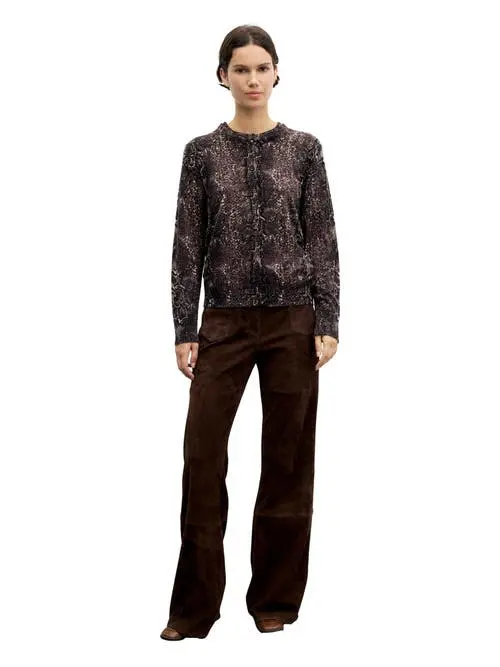 Gerard Darel Merino Wool Crew Neck Cardigan With Animal Print