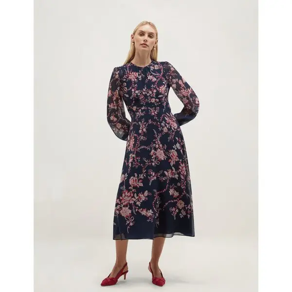 HOBBS LONDON Demi Floral Print Silk Midi Dress - Midnightmulti