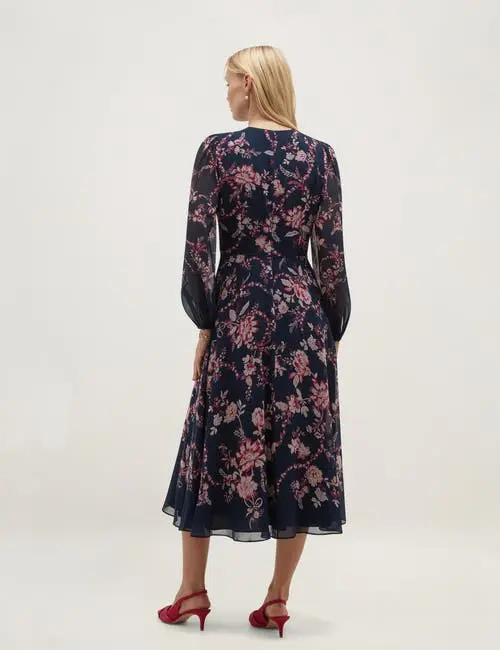 HOBBS LONDON Demi Floral Print Silk Midi Dress - Midnightmulti