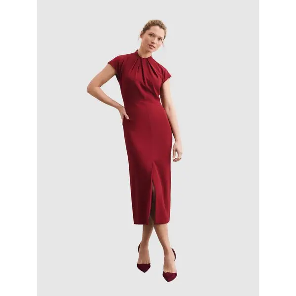 The Fold Rossano Short Sleeve High Neck Midi Dress - Red