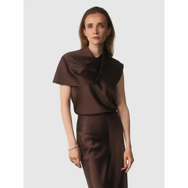 The Fold Ocana Asymmetric Sleeve Satin Blouse - Brown