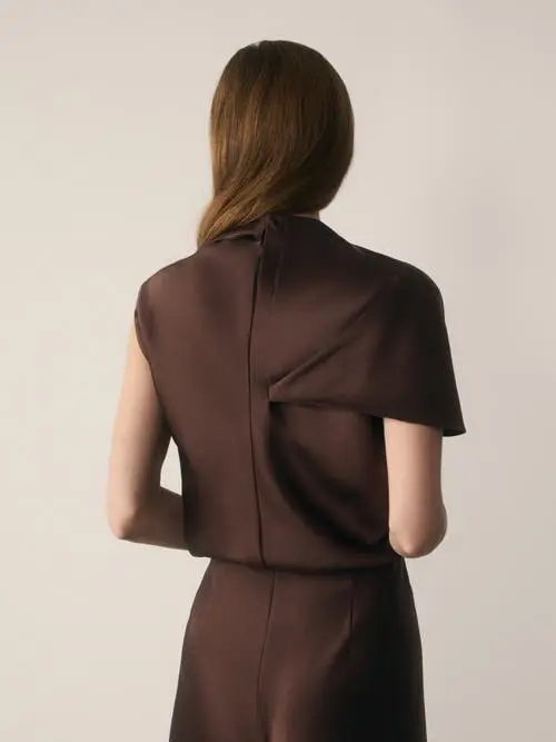 The Fold Ocana Asymmetric Sleeve Satin Blouse - Brown