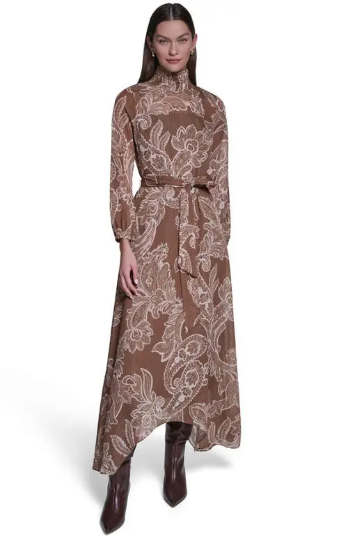 Halston Long Sleeve Paisley Printed Chiffon Midi Dress