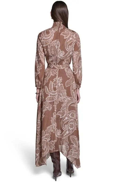Halston Long Sleeve Paisley Printed Chiffon Midi Dress
