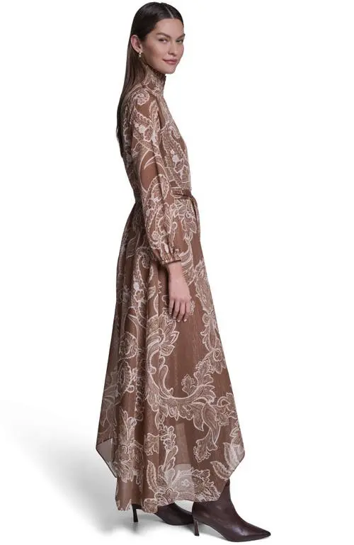 Halston Long Sleeve Paisley Printed Chiffon Midi Dress