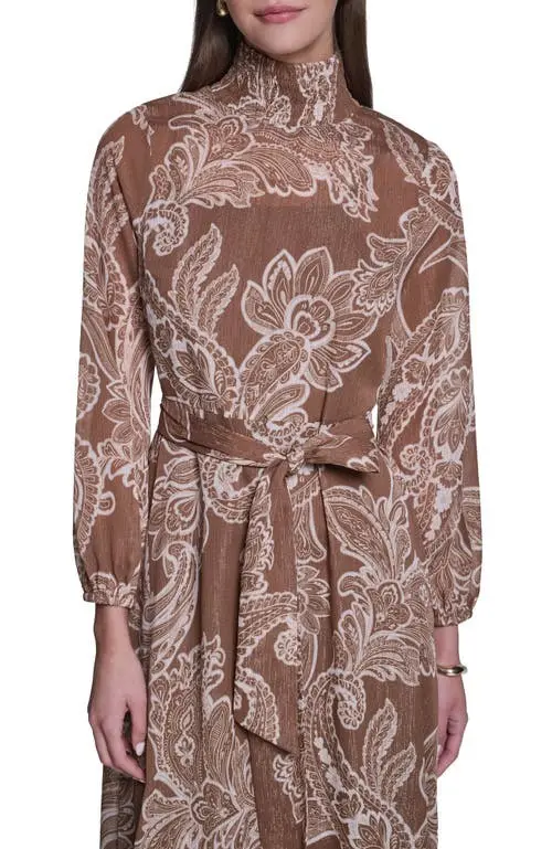 Halston Long Sleeve Paisley Printed Chiffon Midi Dress