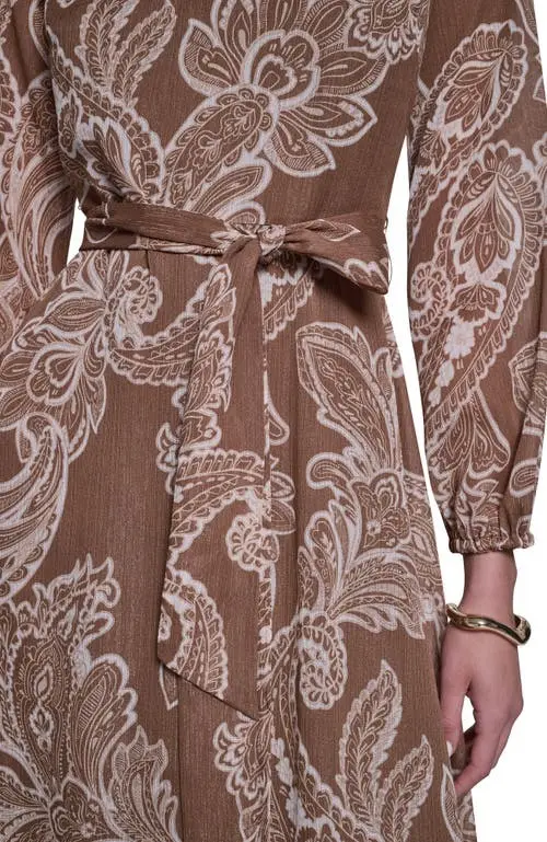 Halston Long Sleeve Paisley Printed Chiffon Midi Dress