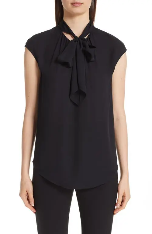 St. John Tie Neck Double Silk Georgette Shell - Caviar