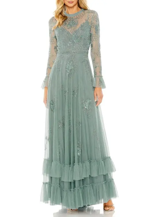 Mac Duggal Petite Beaded Embroidered Tulle Long Sleeve Gown - Spruce