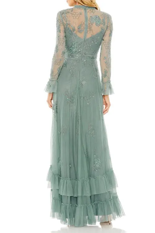 Mac Duggal Petite Beaded Embroidered Tulle Long Sleeve Gown