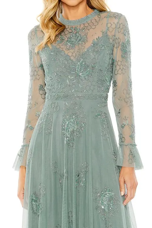 Mac Duggal Petite Beaded Embroidered Tulle Long Sleeve Gown