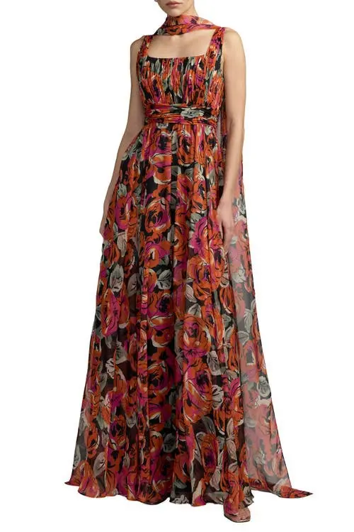 Mac Duggal Floral Chiffon A-line Gown With Scarf - Rose
