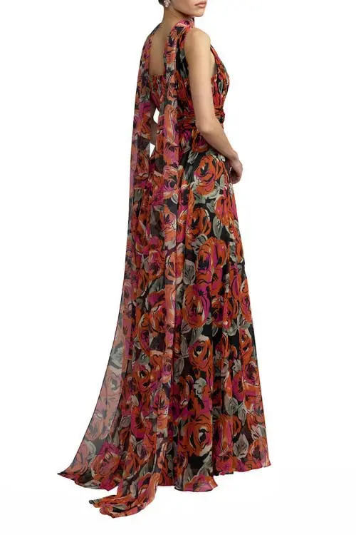 Mac Duggal Floral Chiffon A-line Gown With Scarf - Rose