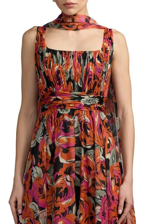 Mac Duggal Floral Chiffon A-line Gown With Scarf - Rose