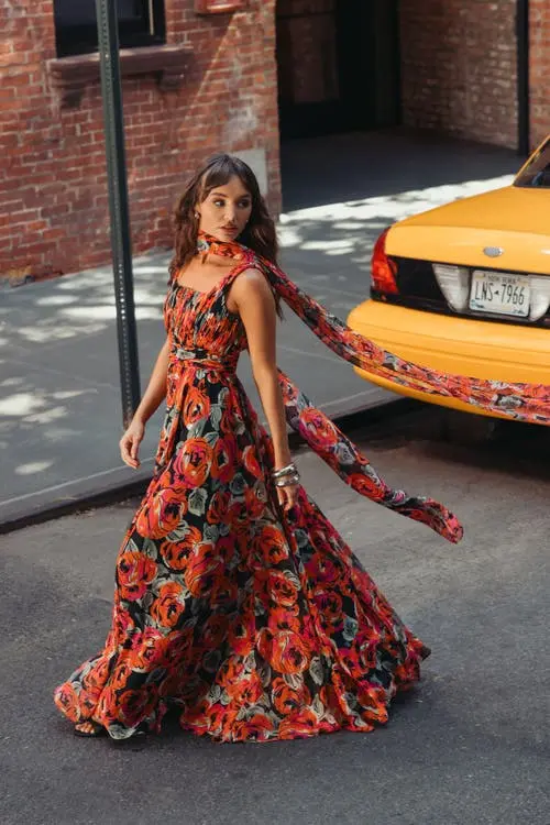 Mac Duggal Floral Chiffon A-line Gown With Scarf - Rose
