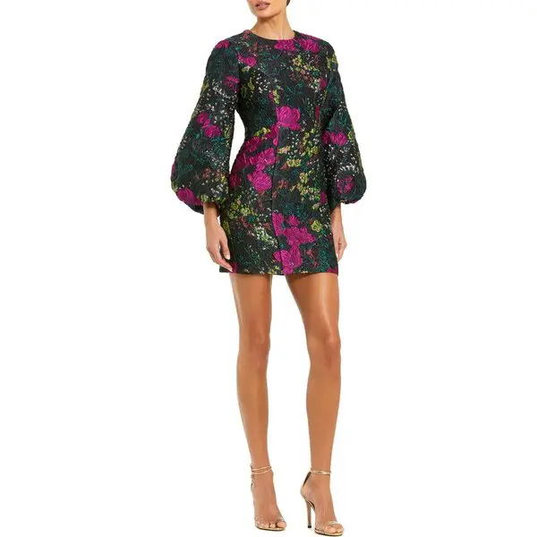 Mac Duggal Floral Brocade Puff Sleeve Fitted Mini Dress
