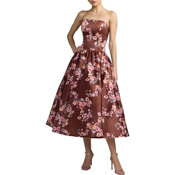 Mac Duggal Strapless Floral Satin Tea-length Ball Dress