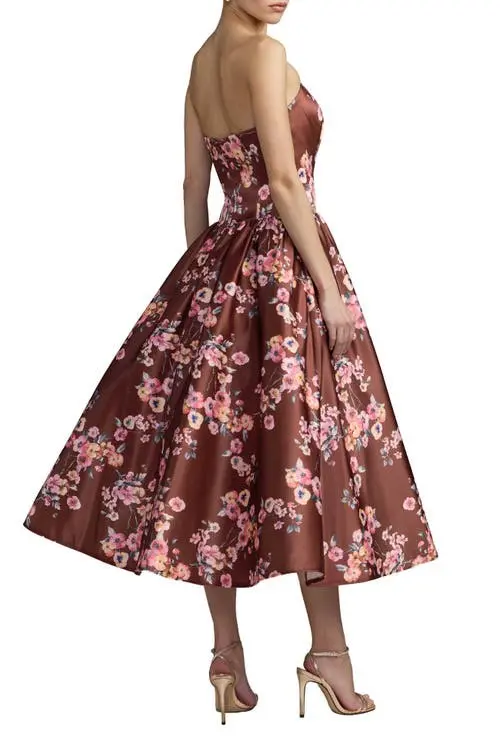 Mac Duggal Strapless Floral Satin Tea-length Ball Dress