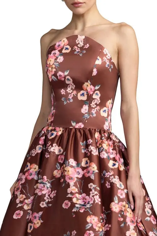Mac Duggal Strapless Floral Satin Tea-length Ball Dress