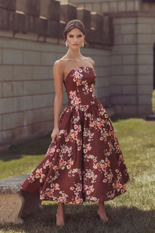 Mac Duggal Strapless Floral Satin Tea-length Ball Dress