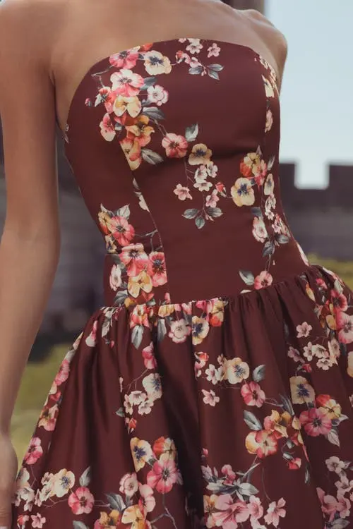 Mac Duggal Strapless Floral Satin Tea-length Ball Dress