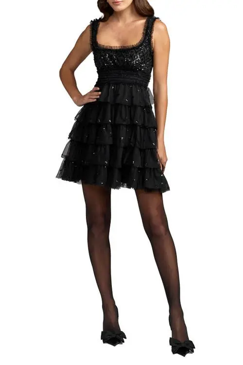 Mac Duggal Sequin Tiered Ruffle Mini Dress - Black