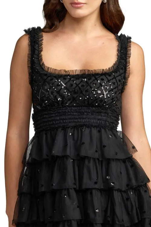 Mac Duggal Sequin Tiered Ruffle Mini Dress