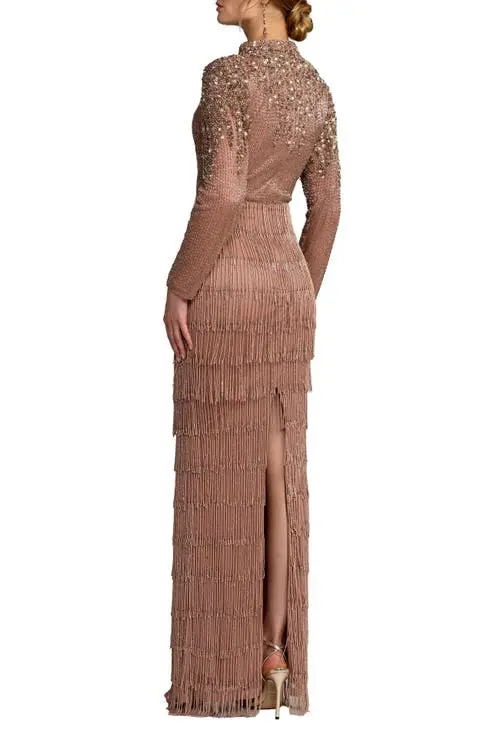 Mac Duggal Long Sleeve Embellished Fringe Gown