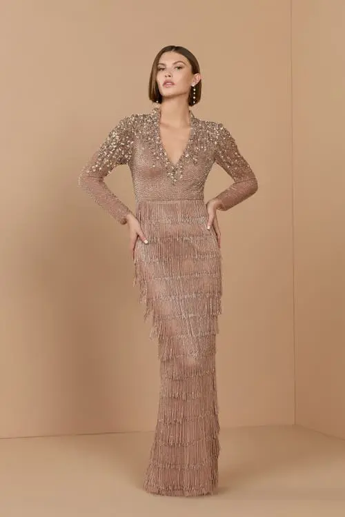 Mac Duggal Long Sleeve Embellished Fringe Gown