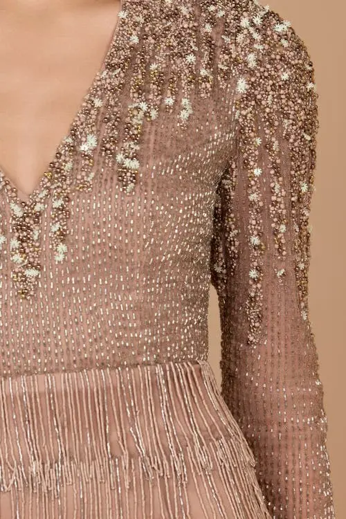 Mac Duggal Long Sleeve Embellished Fringe Gown