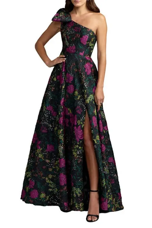 Mac Duggal Petite One Shoulder Floral Brocade Ball Gown With Bow - Black Multi