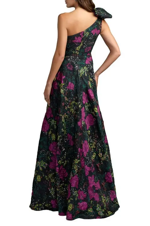 Mac Duggal Petite One Shoulder Floral Brocade Ball Gown With Bow - Black Multi