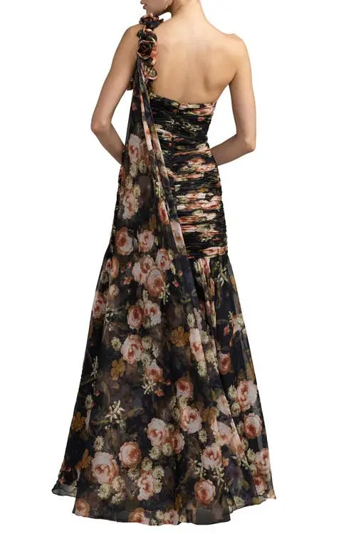Mac Duggal Floral One-shoulder Ruched Chiffon Gown