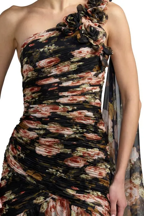 Mac Duggal Floral One-shoulder Ruched Chiffon Gown