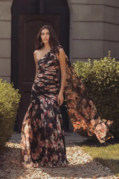 Mac Duggal Floral One-shoulder Ruched Chiffon Gown