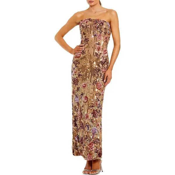 Mac Duggal Petite Floral Embellished Strapless Column Dress - Gold Multi