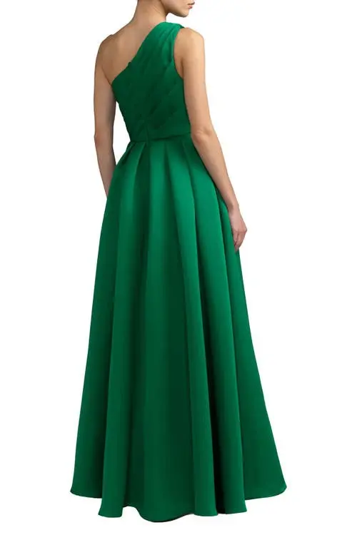 Mac Duggal One Shoulder Draped Satin Gown With Overskirt