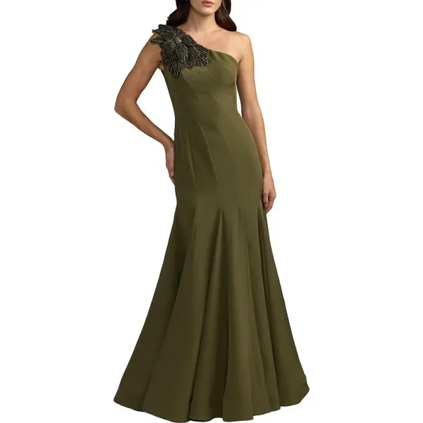 Mac Duggal Crepe One Shoulder Gown With Flower