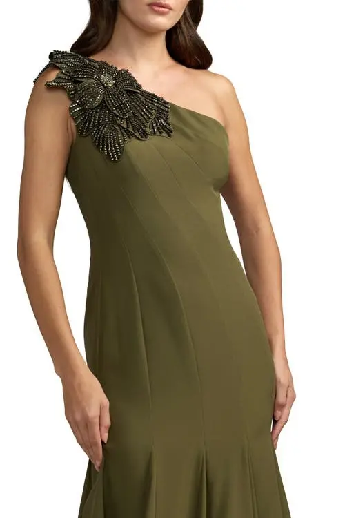 Mac Duggal Crepe One Shoulder Gown With Flower