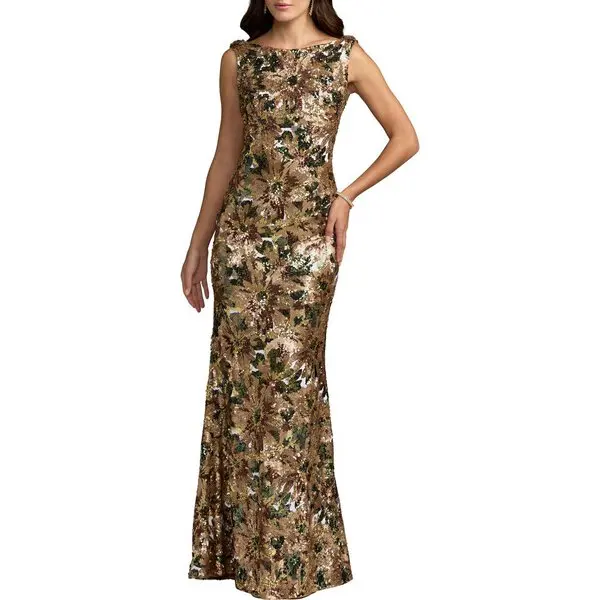 Mac Duggal Floral Sequin Mermaid Gown With Cowl Back - Chocolate Multi