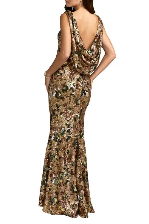 Mac Duggal Floral Sequin Mermaid Gown With Cowl Back