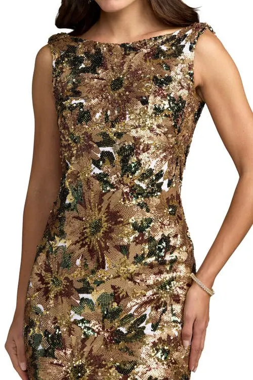 Mac Duggal Floral Sequin Mermaid Gown With Cowl Back