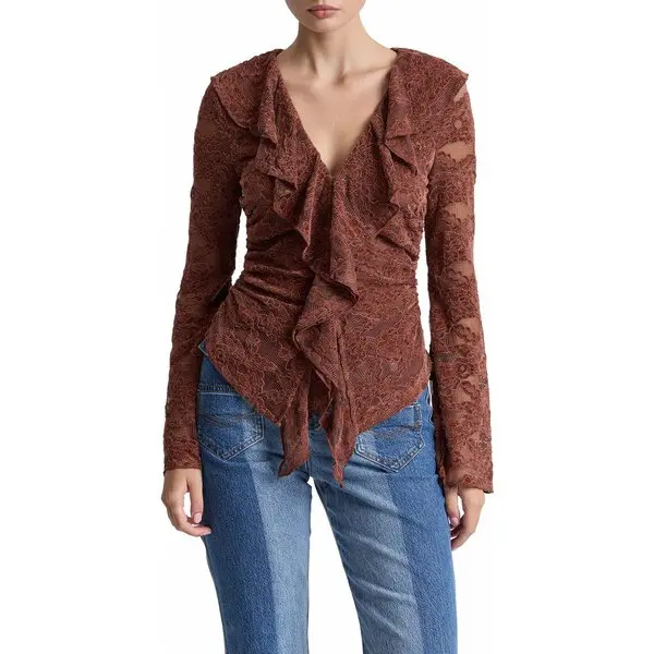 Avec Les Filles Ruffled Lace Top - Russet