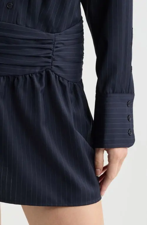 ROWING BLAZERS Pinstripe Long Sleeve Wool Blend Mini Shirtdress