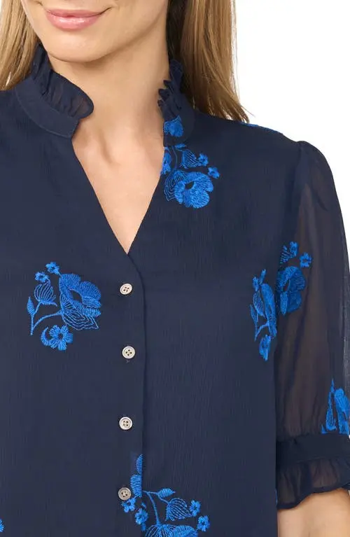 CECE DUPRAZ Ruffle V-neck Embroidered Top