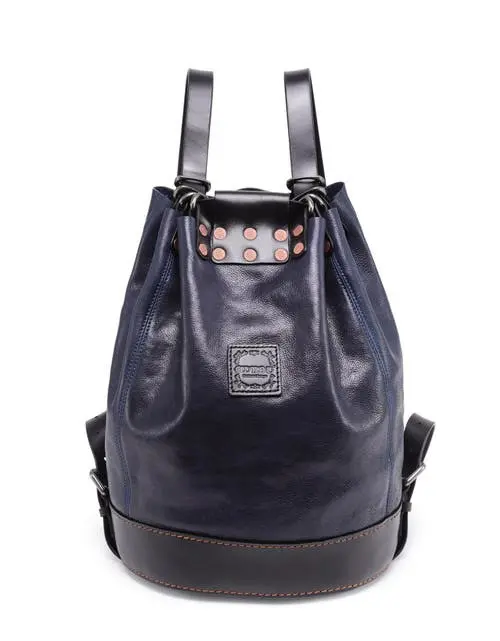 OLD TREND Canna Genuine Leather Convertible Bucket Backpack - Navy