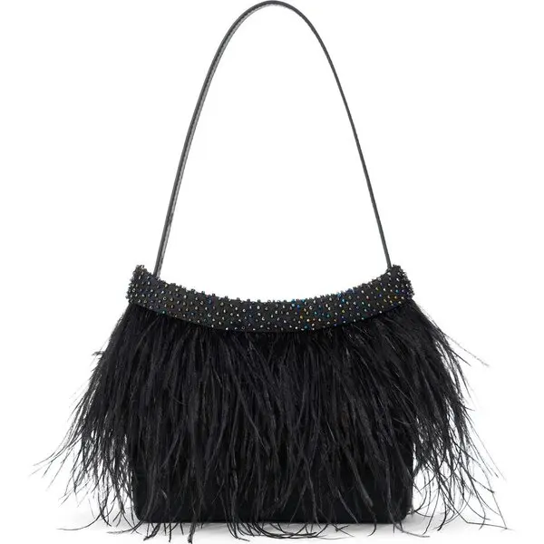 Staud Winslow Feather Trim Leather Shoulder Bag - Black