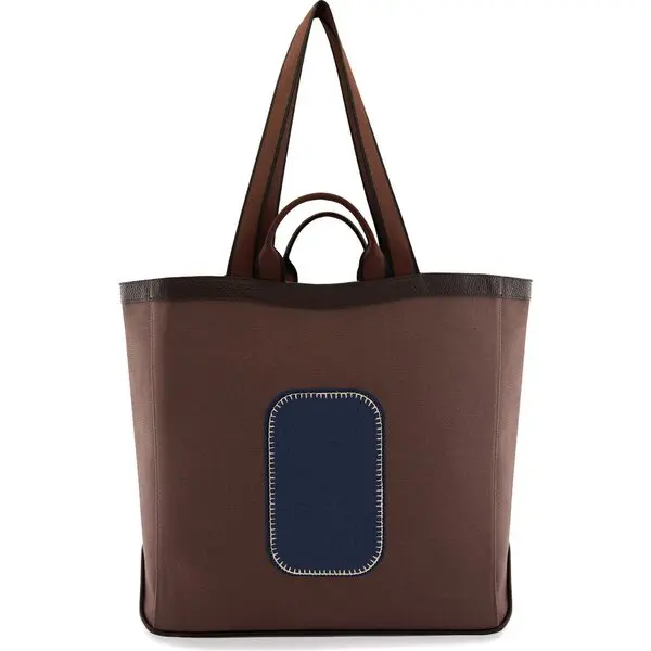 BEHNO Maison Large Canvas & Leather Tote - Cacao/navy