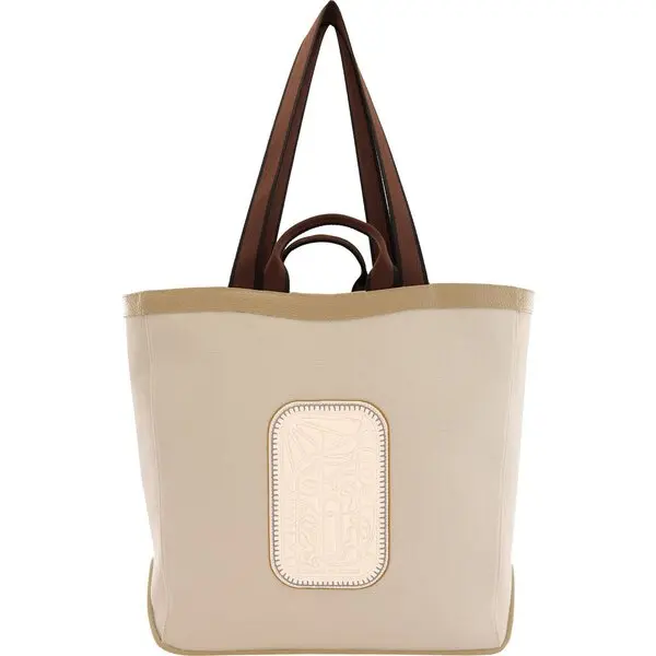 BEHNO Maison Large Canvas & Leather Tote - Sand/ecru